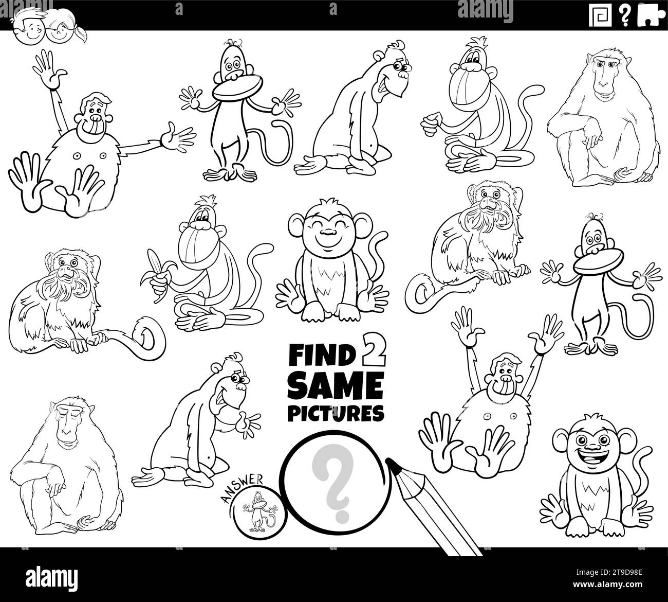 Cartoon illustration of finding two same pictures educational activity ...