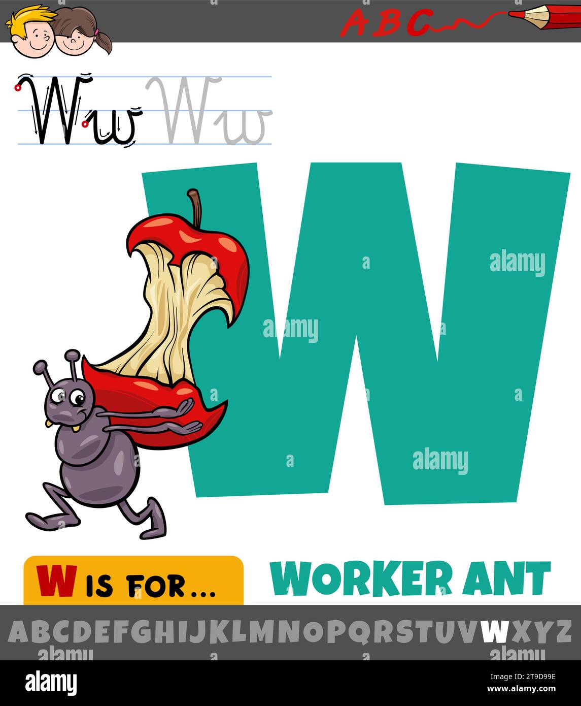 Educational cartoon illustration of letter W from alphabet with worker ...