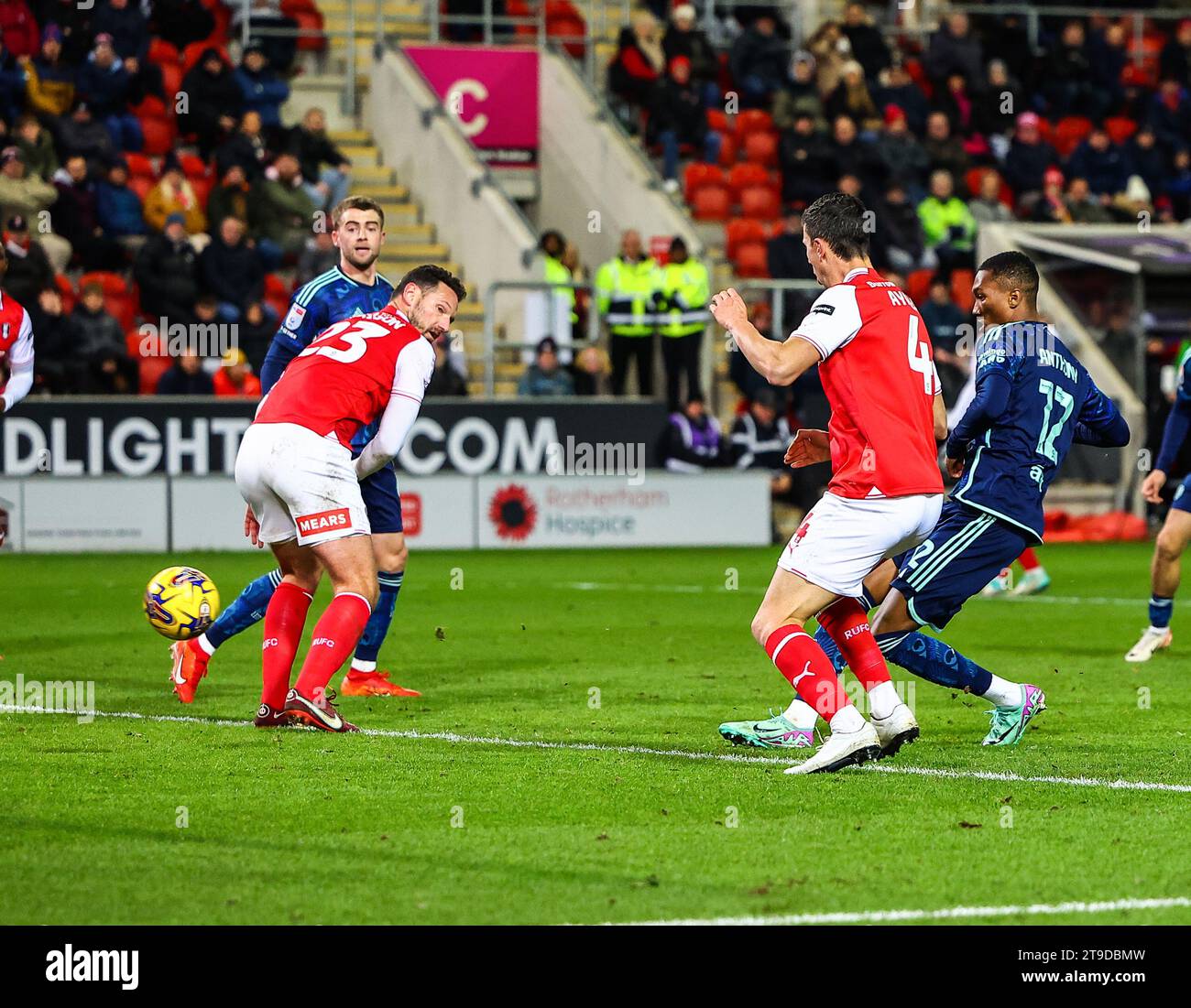 Rotherham, UK. 24th Nov, 2023. Jaidon Anthony of Leeds United scores ...