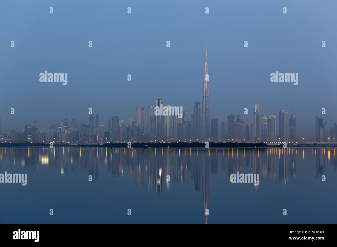 Dubai Downtown skyline landscape at night with illuminated buildings ...
