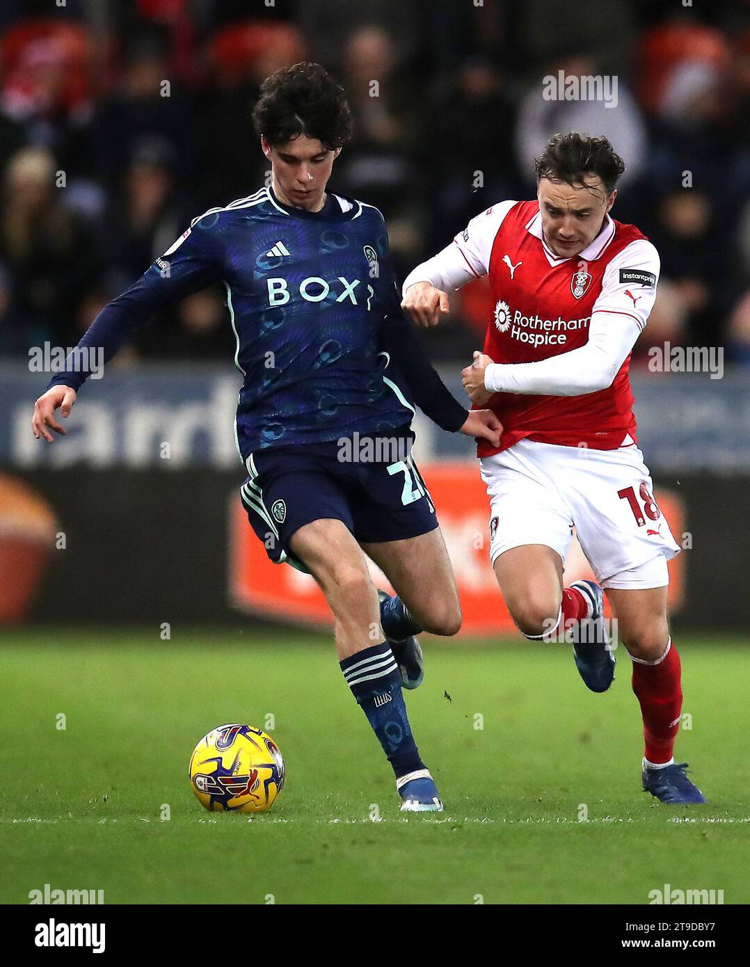 Leeds United's Archie Gray (left) and Rotherham United's Ollie Rathbone ...