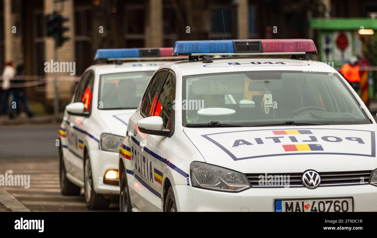 Romanian Police Car in traffic during rush hour in Bucharest Stock ...