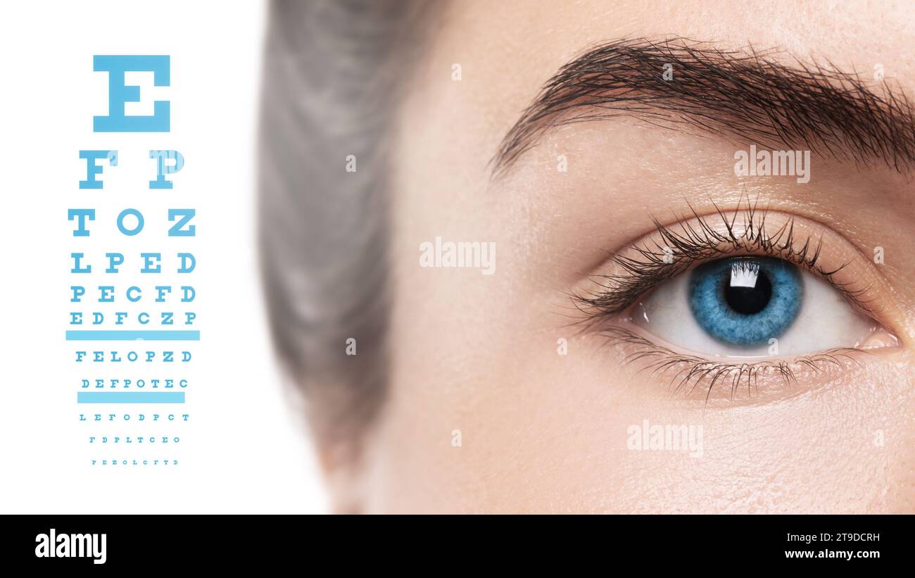 Ophthalmology - Closeup of female eye with blue iris and chart for ...