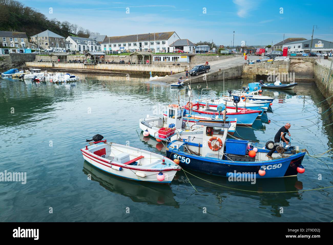 Porthleven, UK - Oct 9 2023 Fishing and leisure boats in the harbour ...