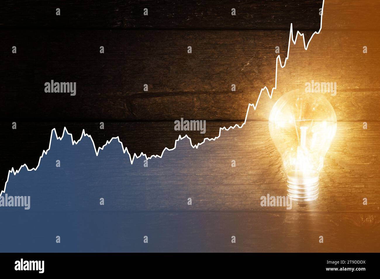 Light bulb and rising chart representing current electricity price ...