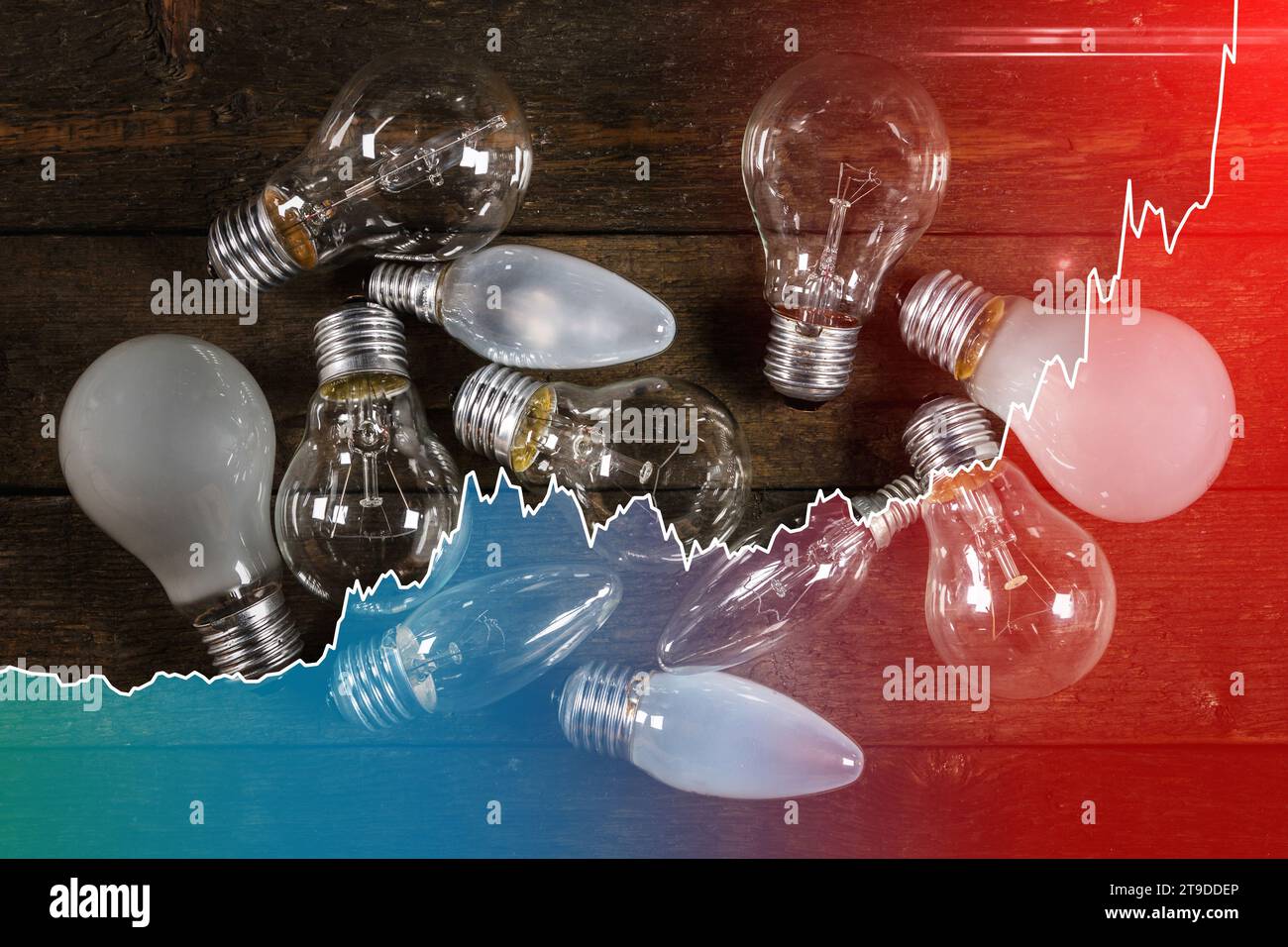 Light bulbs and rising chart representing current electricity price ...