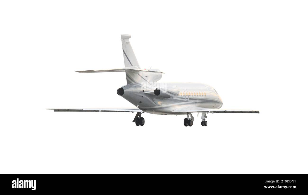 Modern corporate business jet during flight, isolated on white ...