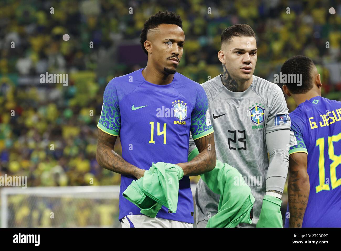 LUSAIL CITY - (L-R) Eder Militao of Brazil, Brazil goalkeeper Ederson ...