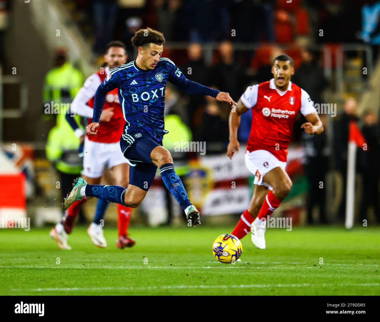 Rotherham, UK. 24th Nov, 2023. Ethan Ampadu of Leeds United brings the ...