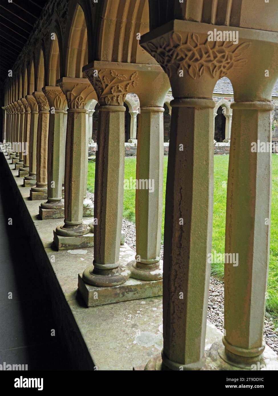 row of carved stone twin pillars on one side of cloisters of Iona Abbey ...