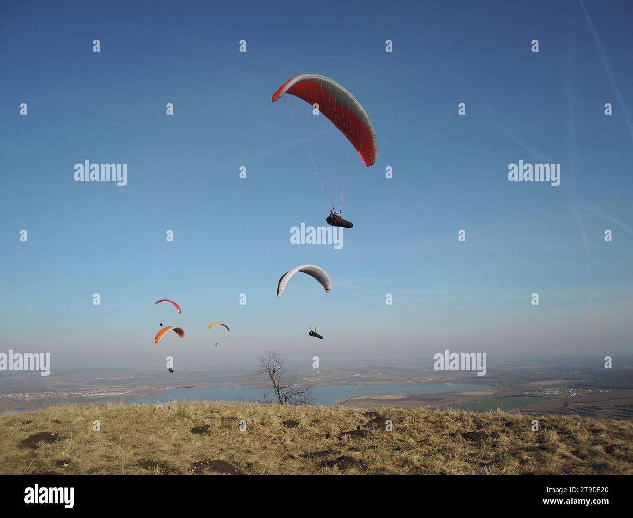 Beauty of paragliding, extreme aerial sport, paragliding flying over ...