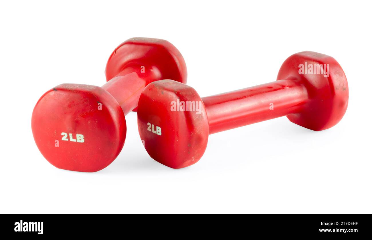 Two of red dumbbells, isolated on white background Stock Photo - Alamy