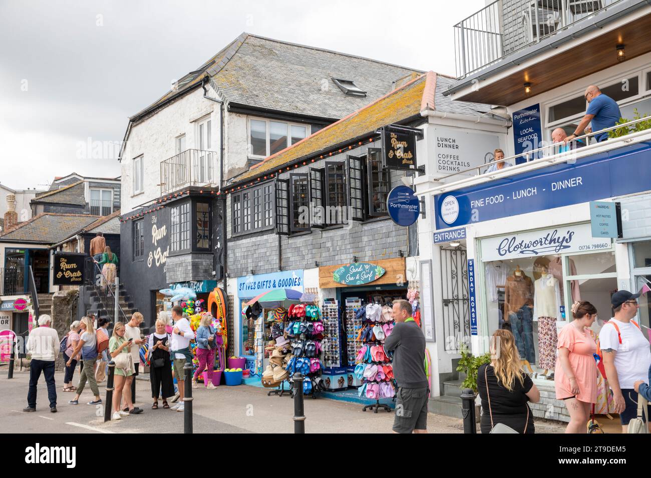 St Ives town centre, shops and businesses on Wharf Road including The Rum and Crab shack ...