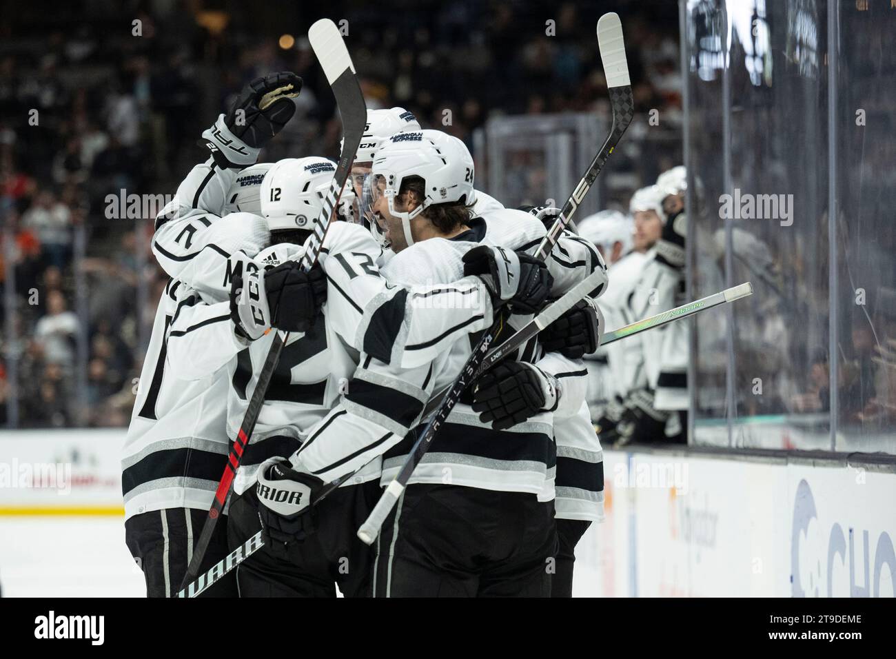 Los Angeles Kings players celebrate after a goal by left wing Kevin ...