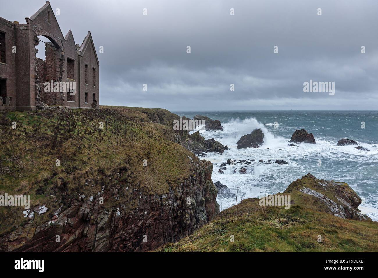 The ruins of Slains Castle facing the onslaught of Storm Debi as waves ...