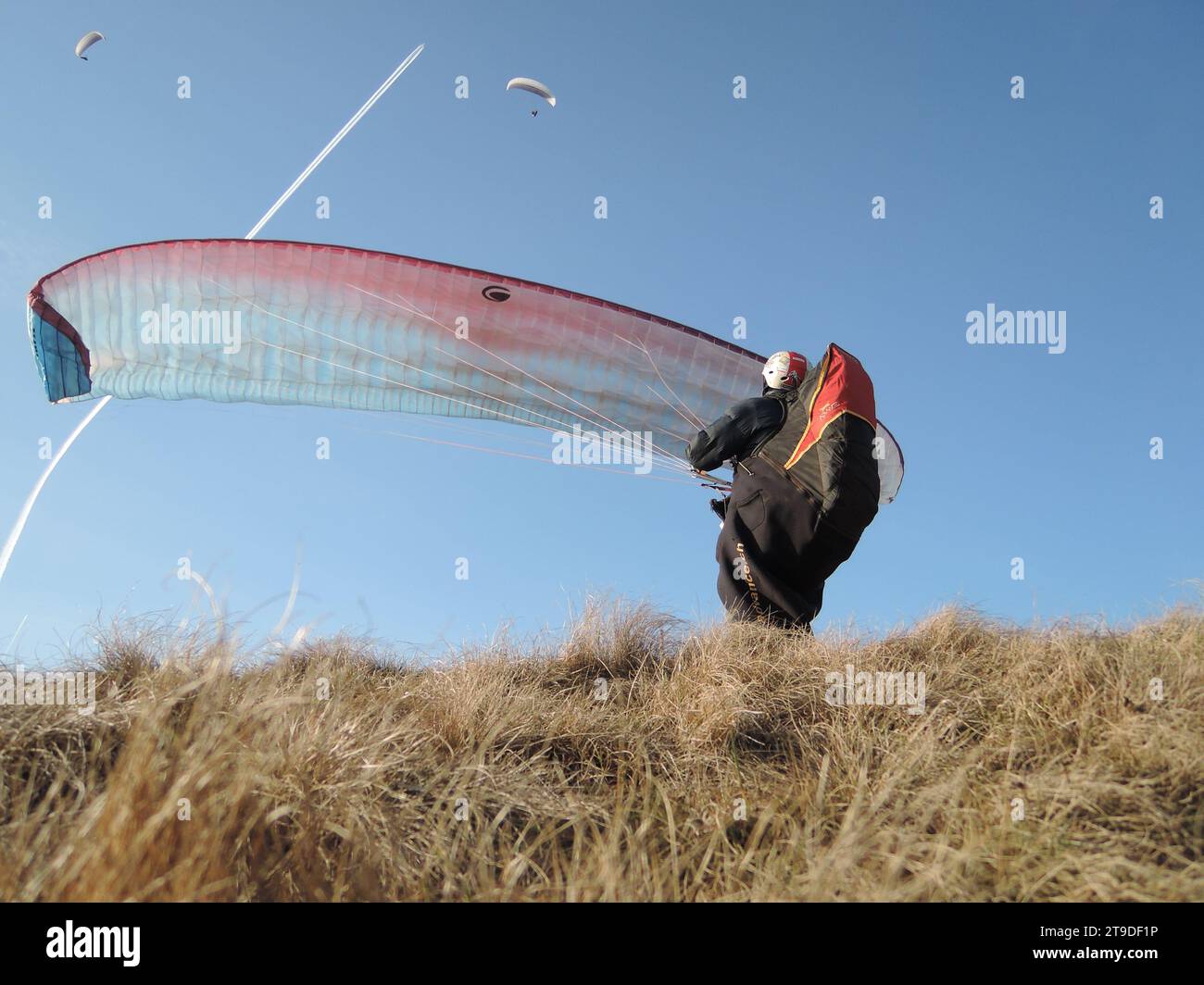 Beauty of paragliding, extreme aerial sport, paragliding flying over ...