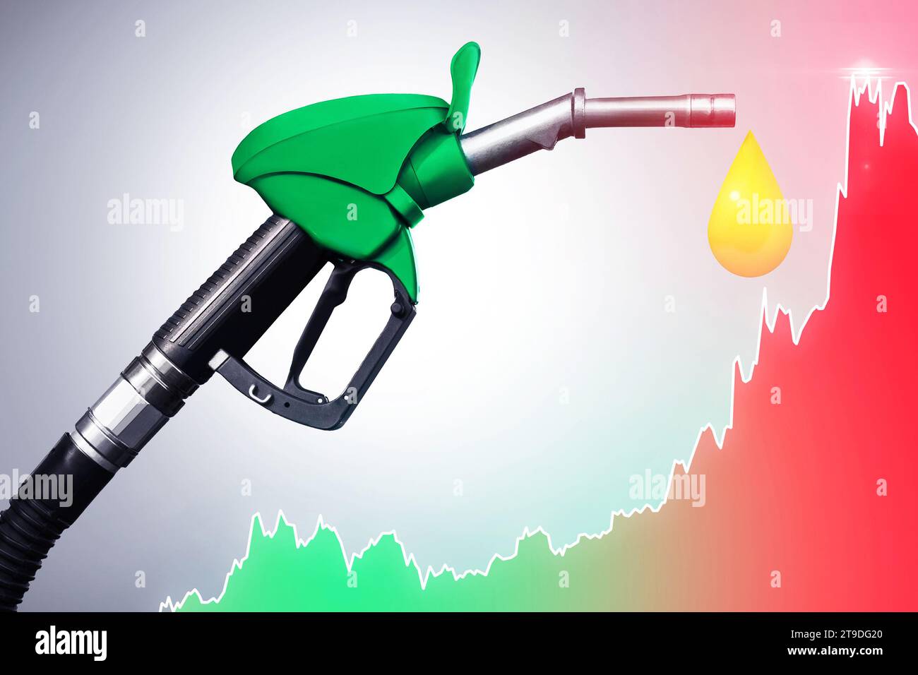 Green fuel nozzle and rising chart showing gasoline price increase ...