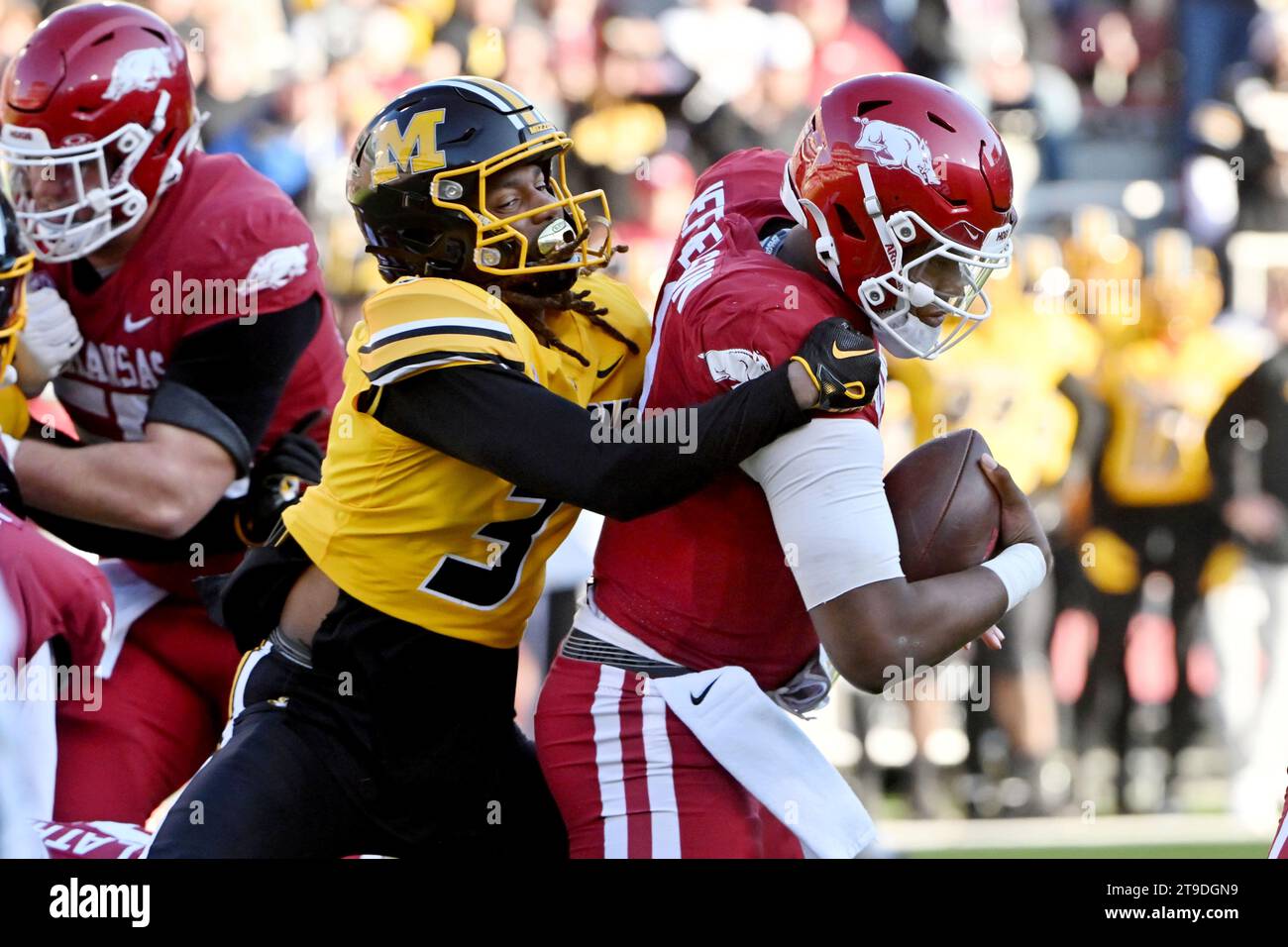 Missouri defensive back Sidney Williams (3) sacks Arkansas quarterback ...