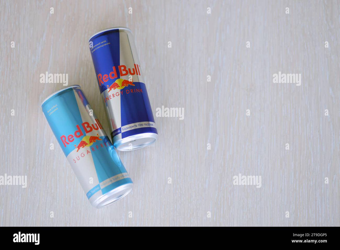 TERNOPIL, UKRAINE - JULY 7, 2023 Red Bull energy drink aluminium tin ...
