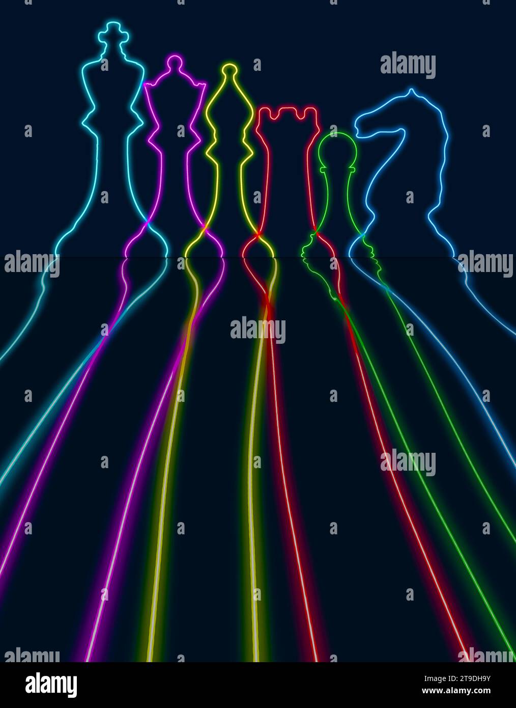 Neon light chess pieces are seen on a black background in a 3-d ...