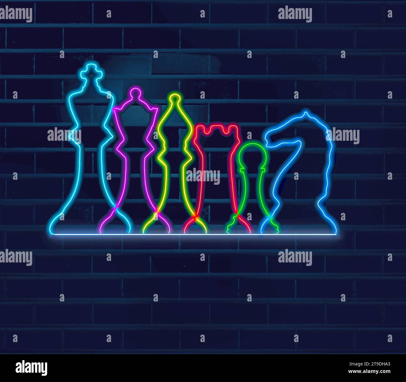 Neon light chess pieces are seen glowing on a brick wall at night in a ...
