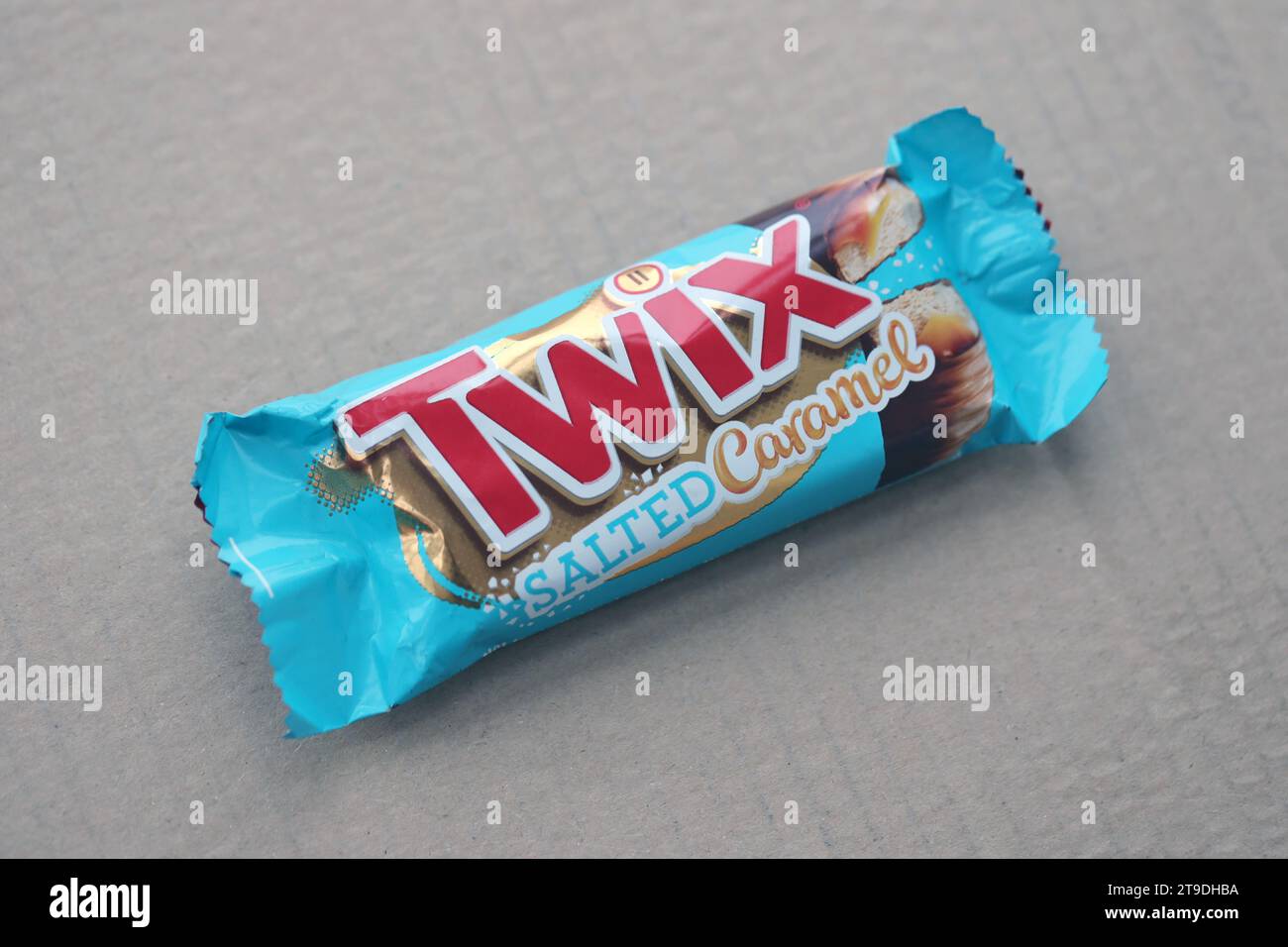 TERNOPIL, UKRAINE - JULY 7, 2023 Twix salted caramel blue wrapper on ...