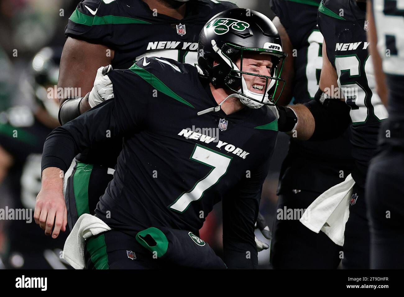 New York Jets quarterback Tim Boyle (7) reacts after being sacked by ...