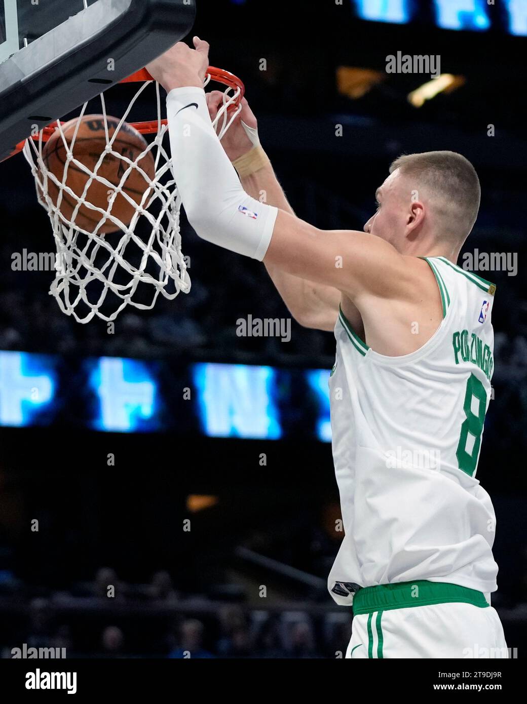 Boston Celtics center Kristaps Porzingis (8) makes an uncontested dunk ...