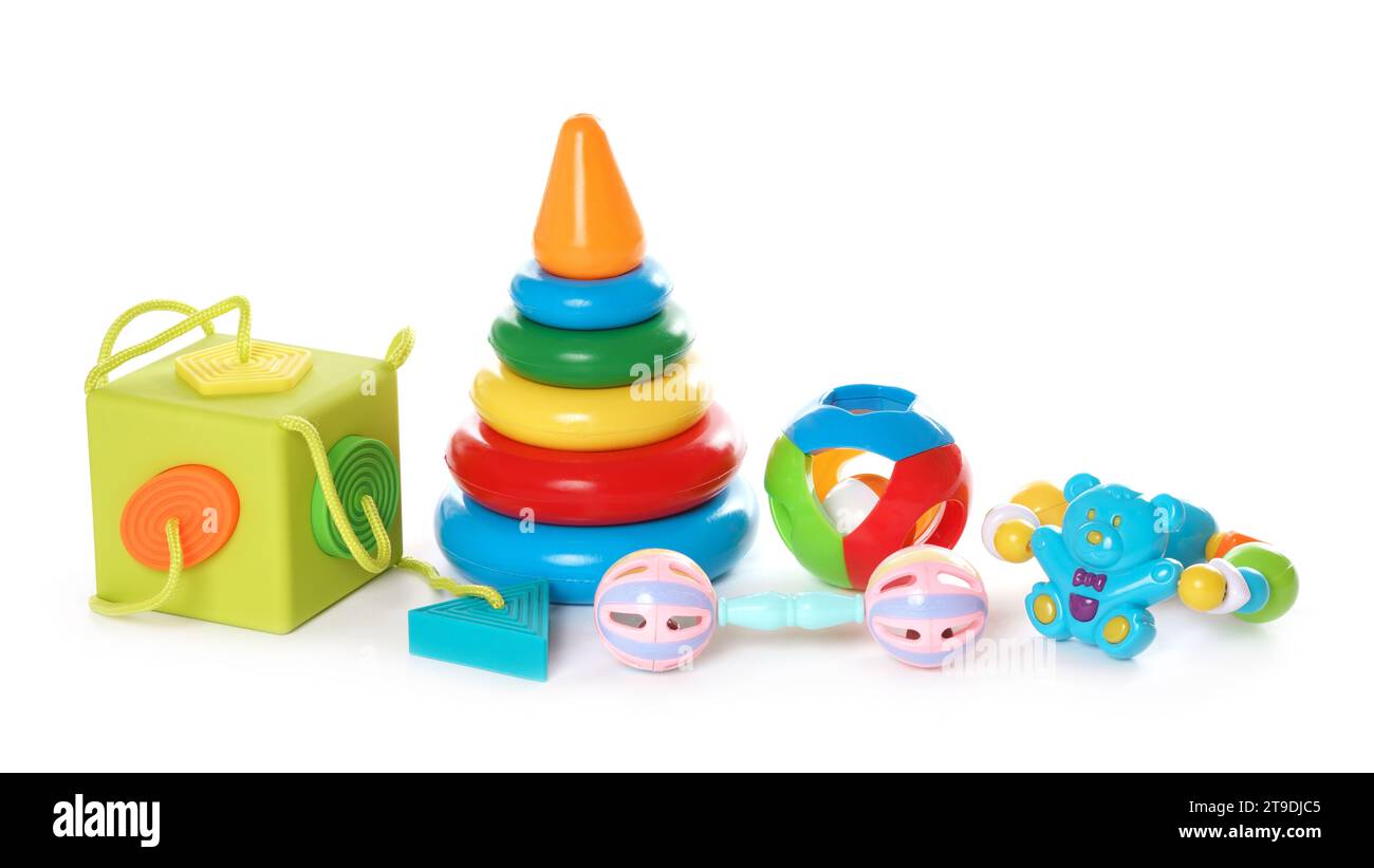 Closeup shot of a collection of colorful plastic toys and puzzles fot ...