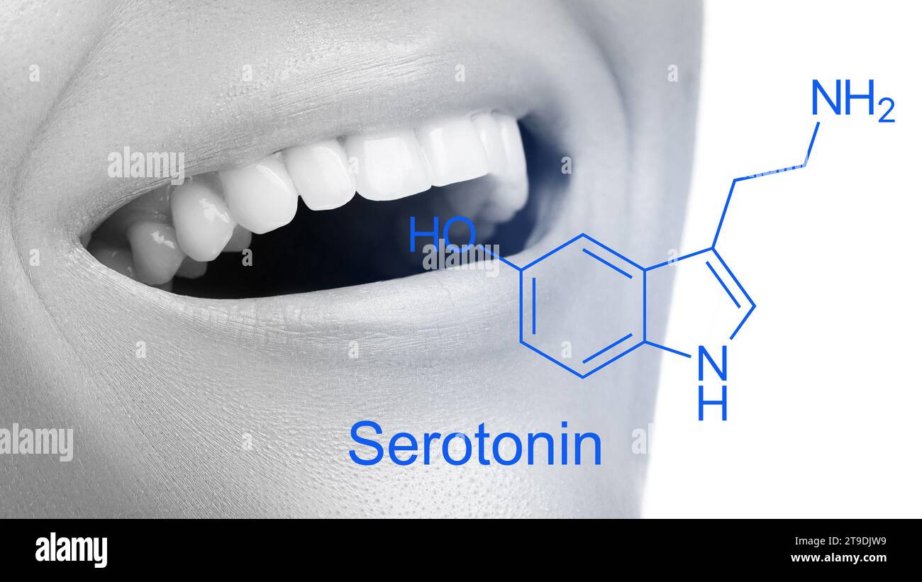 Closeup of female smile and serotonin hormone formula Stock Photo - Alamy