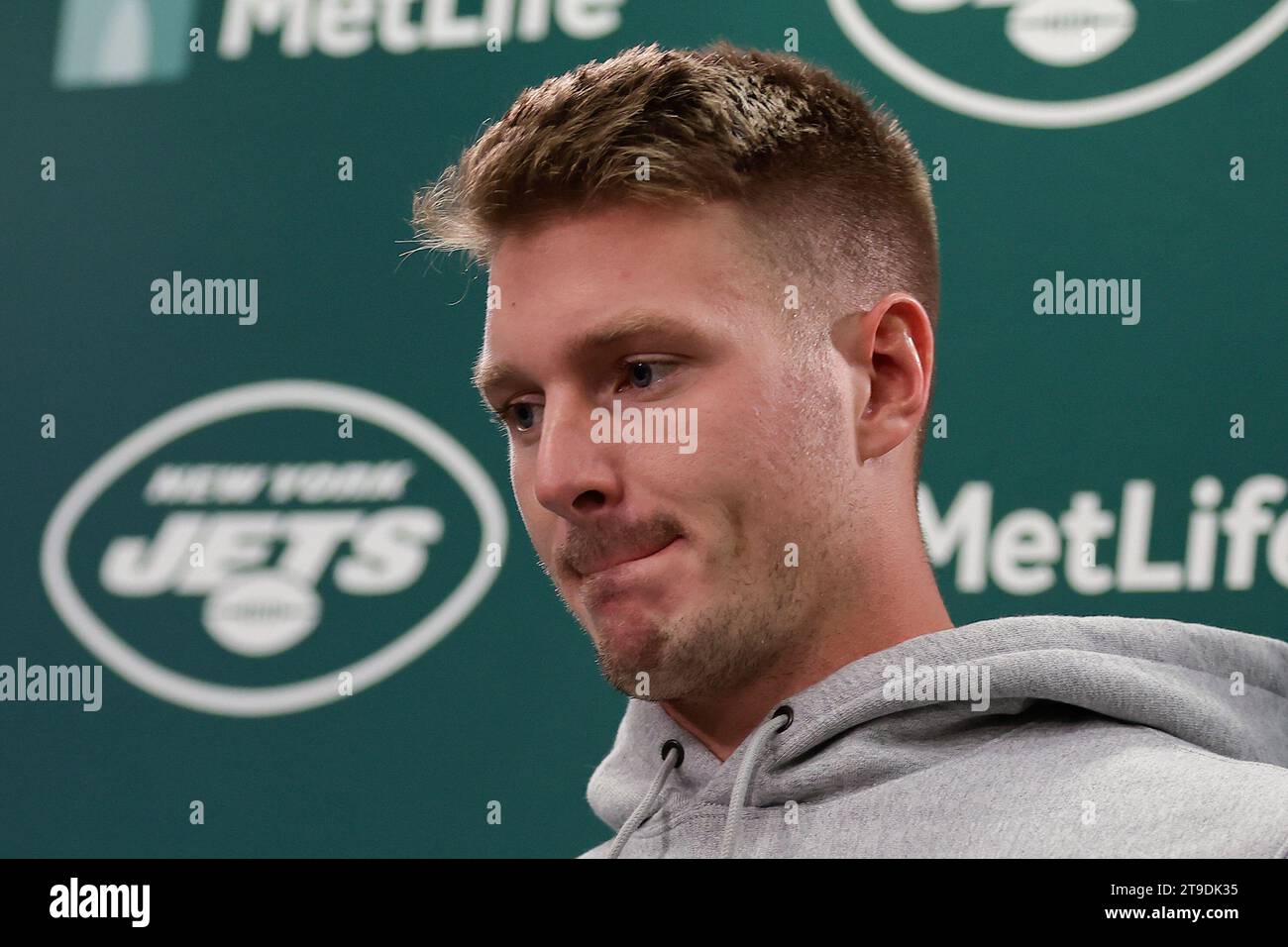New York Jets quarterback Tim Boyle answers questions during a news ...