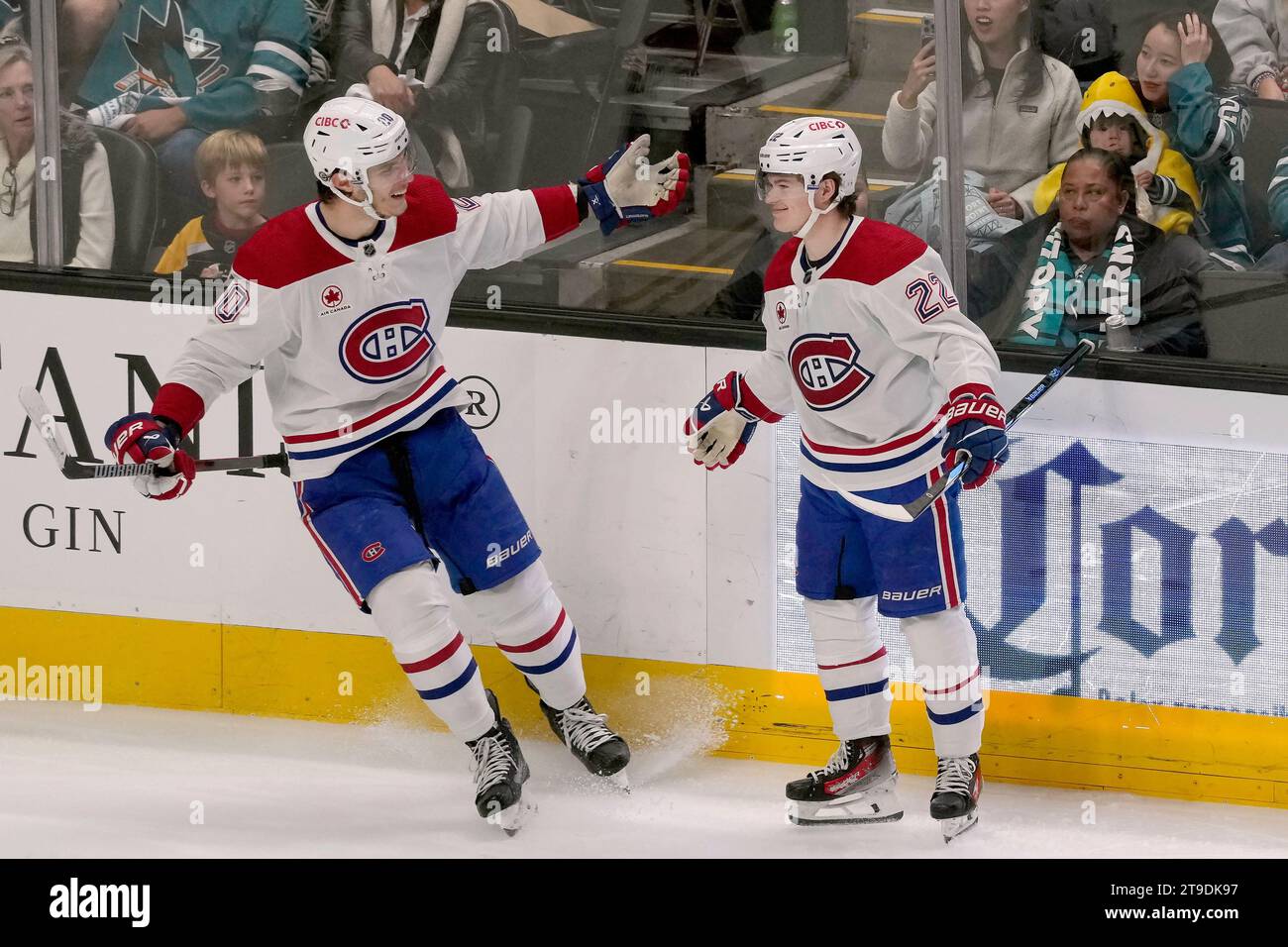 Montreal Canadiens right wing Cole Caufield (22) is congratulated by ...