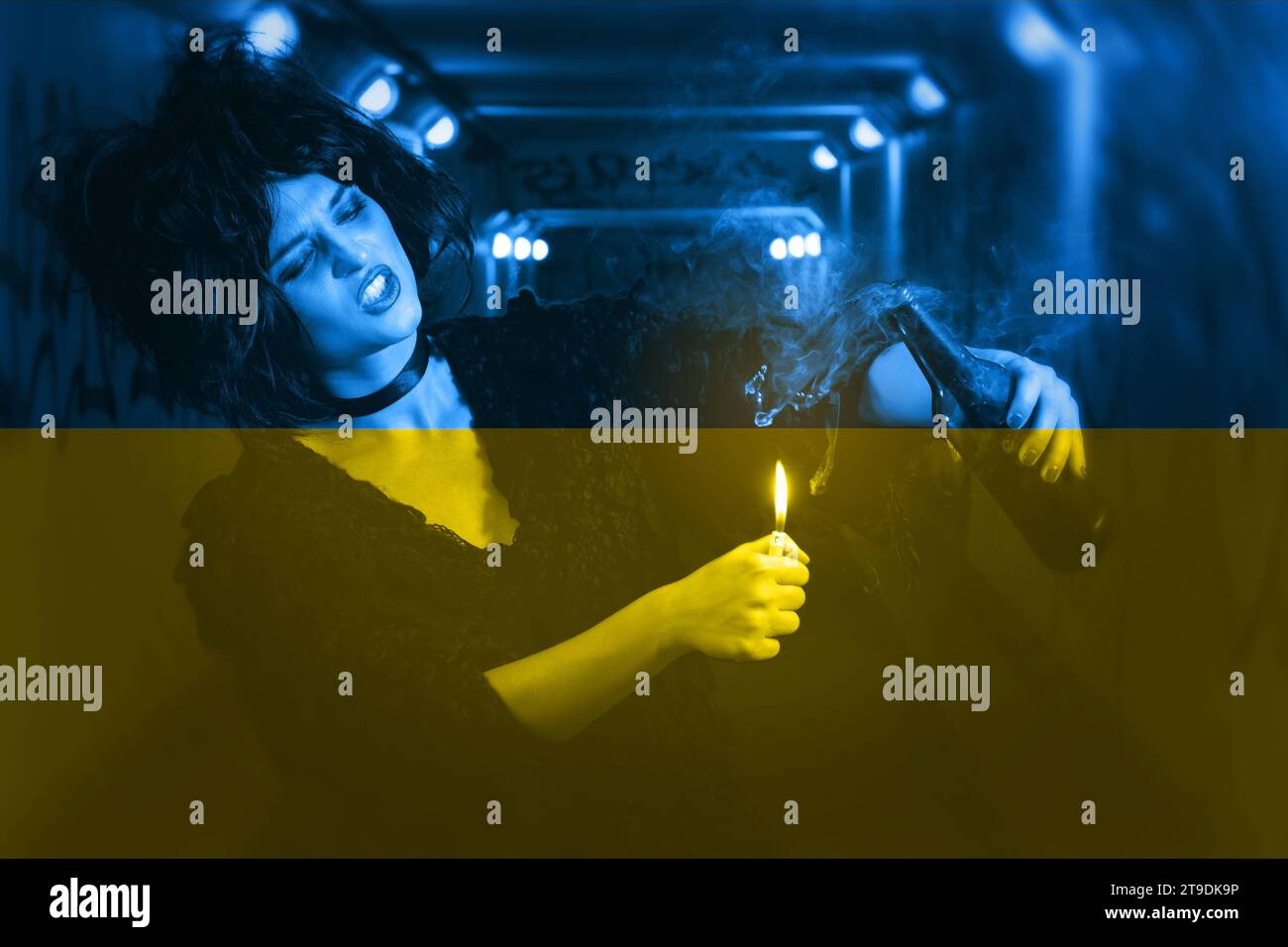Portrait Angry woman with a Molotov cocktail bottle bomb and Ukrainian ...