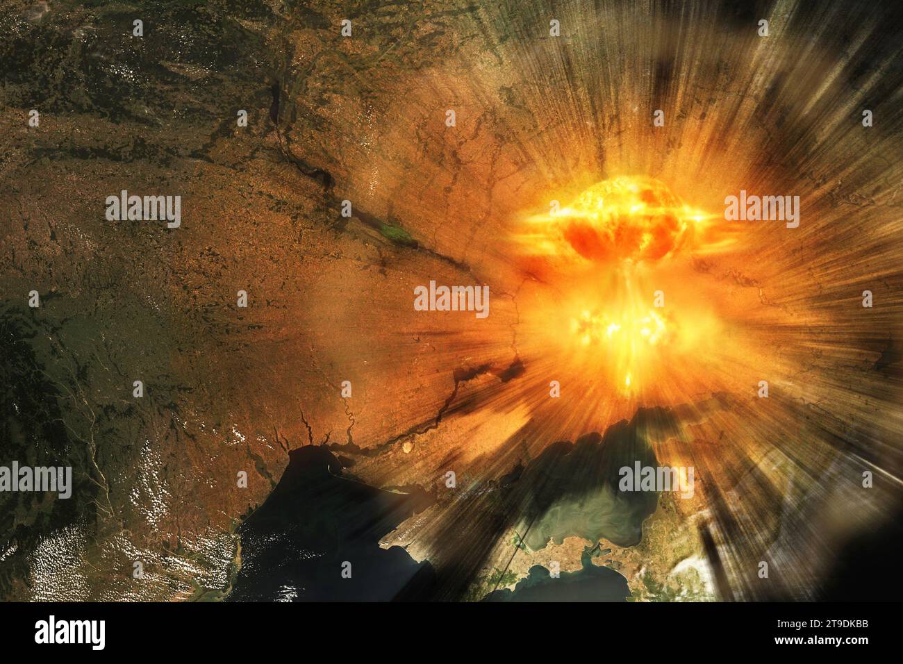 Borderline of Ukraine and Russia with nuclear explosion. Concept of ...