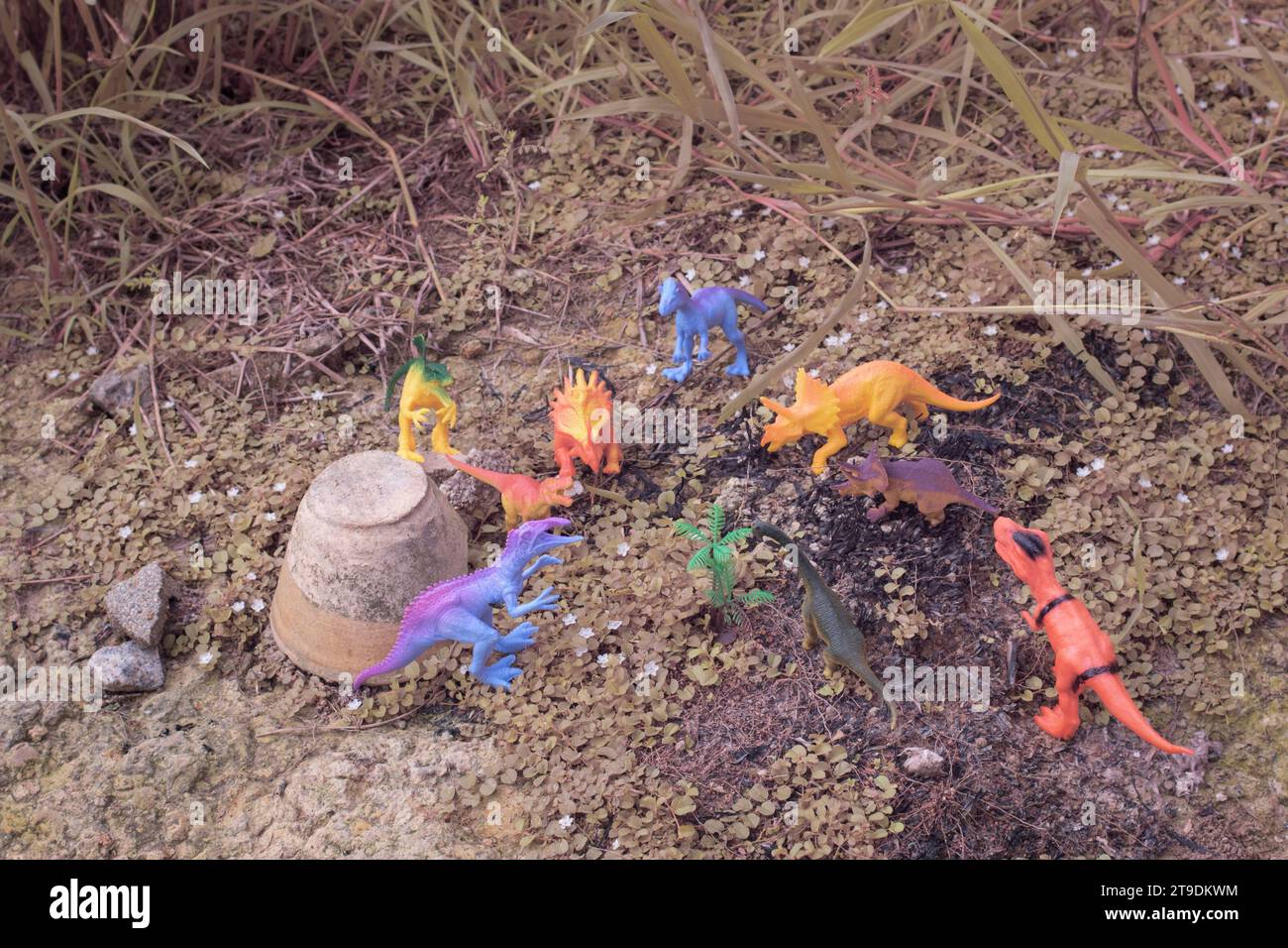 infrared image of the dinosaur toys the bushy grassland Stock Photo - Alamy