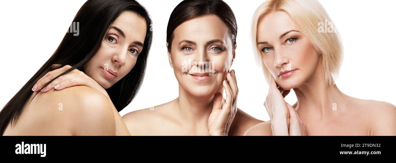 Group of different good looking middle aged women with wrinkled skin ...
