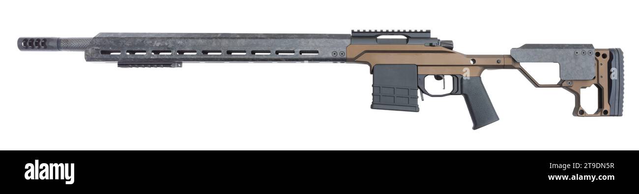 Modern precision bolt action rifle with a tan chassis that is all metal ...