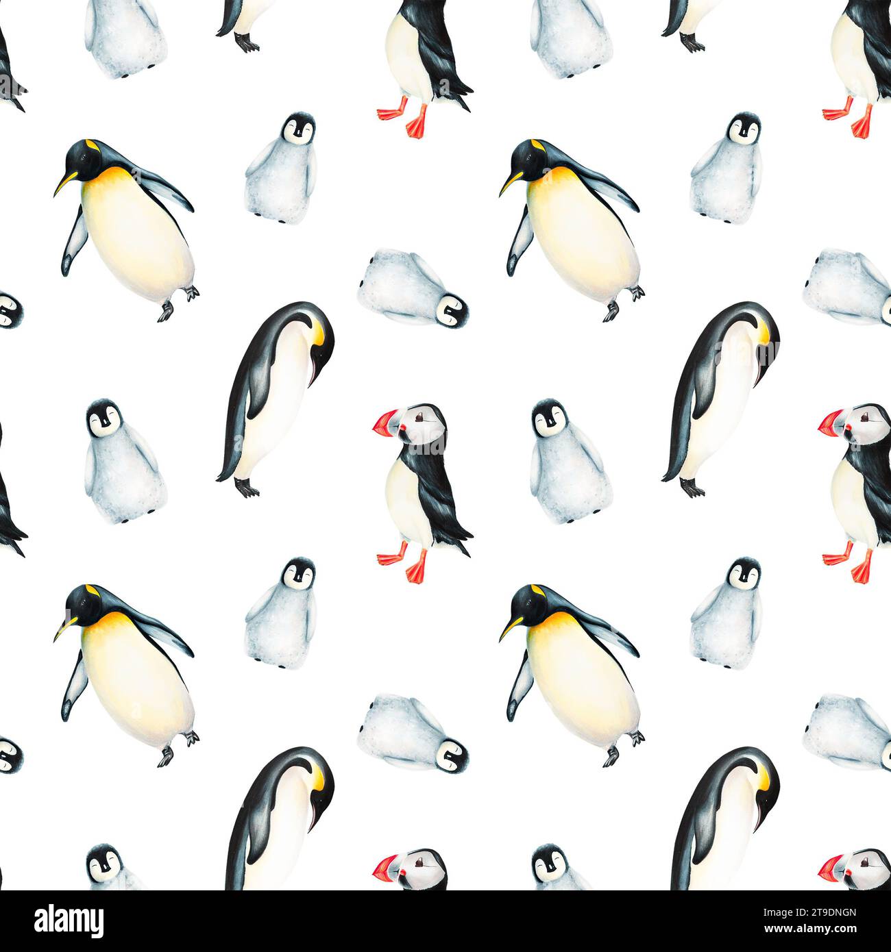 Watercolor seamless pattern with king penguins family and puffin bird ...