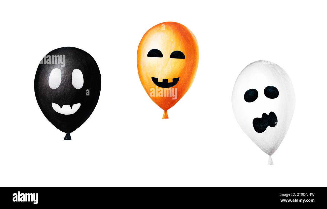 Watercolor Halloween balloons illustration with scary faces. Hand ...