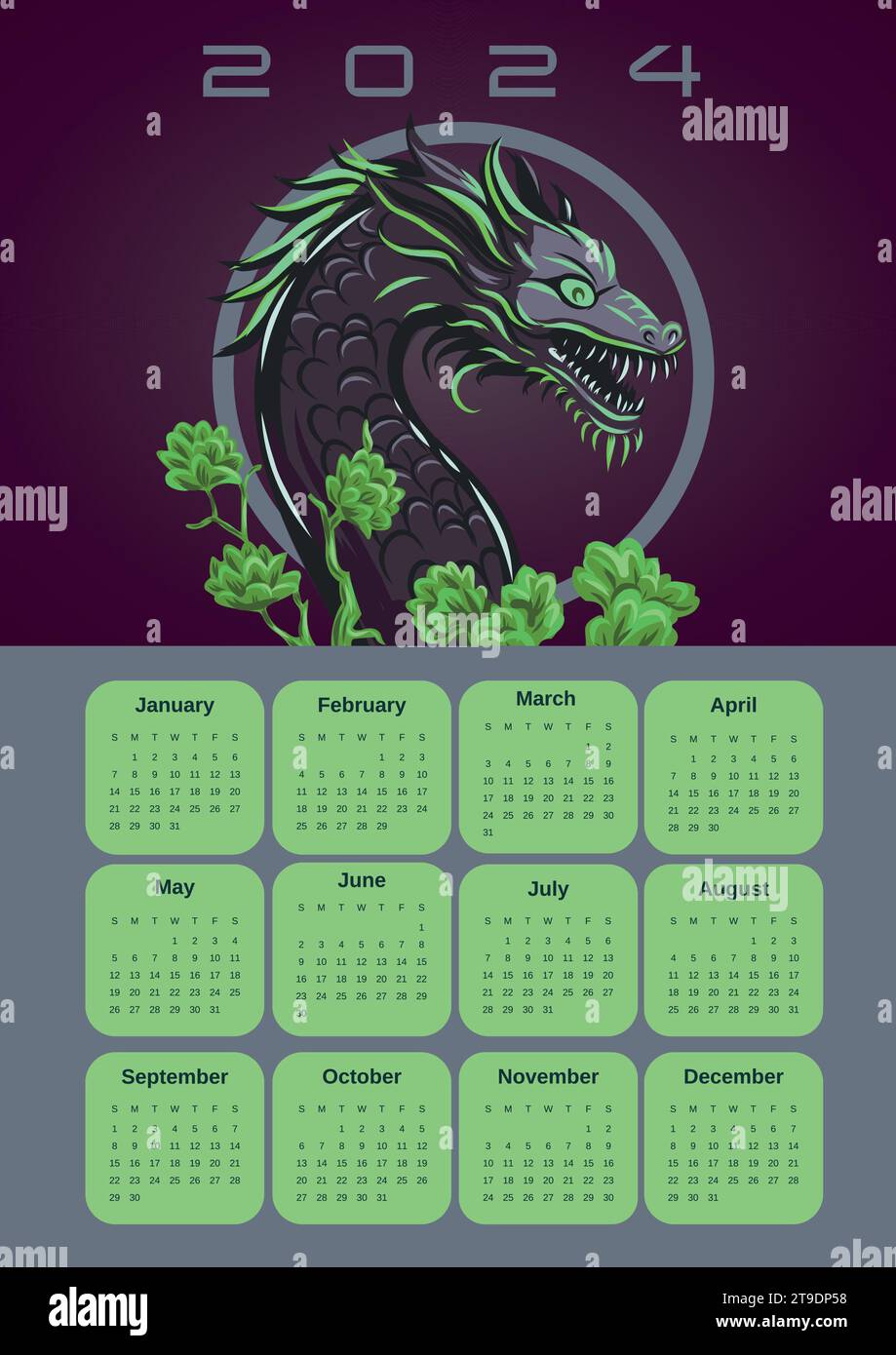 Calendar Dragon 2024. Vector poster calendar oriental Chinese New Year ...