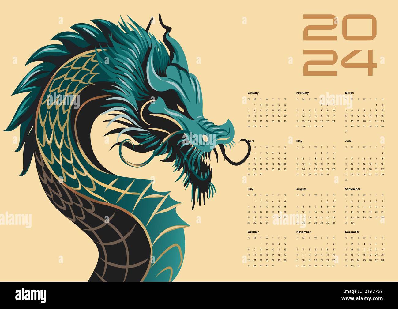 Calendar Dragon 2024. Vector poster calendar oriental Chinese New Year ...