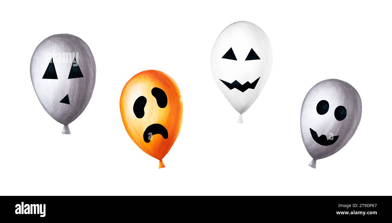 Watercolor Halloween balloons illustration with scary faces. Hand ...