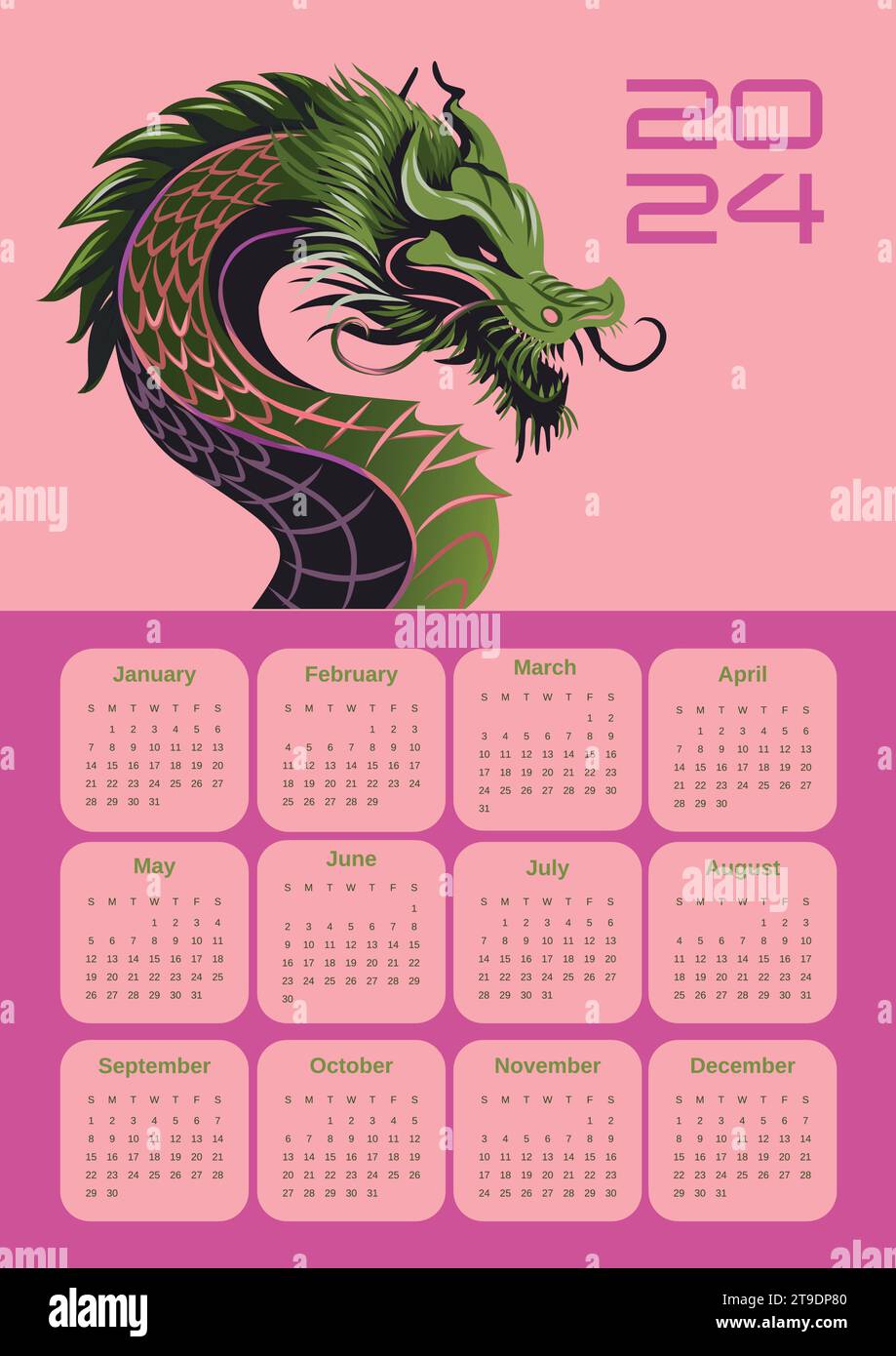 Calendar Dragon 2024. Vector poster calendar oriental Chinese New Year ...