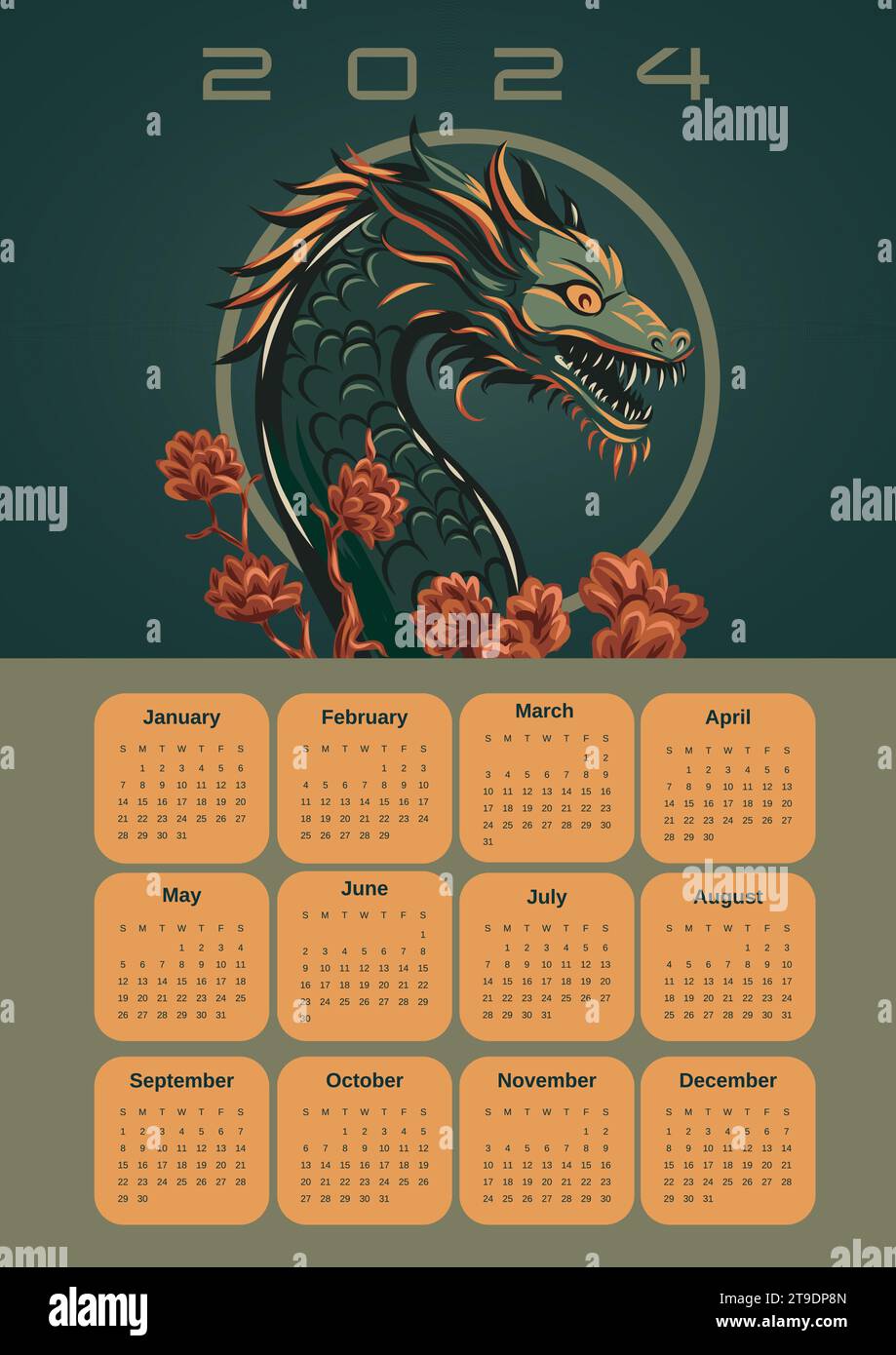 Calendar Dragon 2024. Vector poster calendar oriental Chinese New Year ...