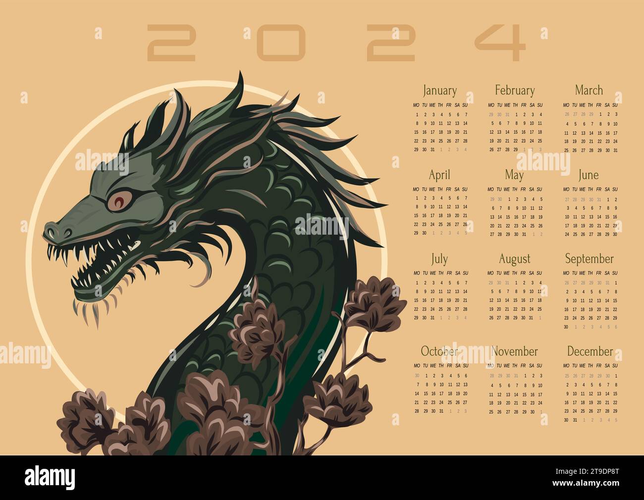 Calendar Dragon 2024. Vector poster calendar oriental Chinese New Year ...