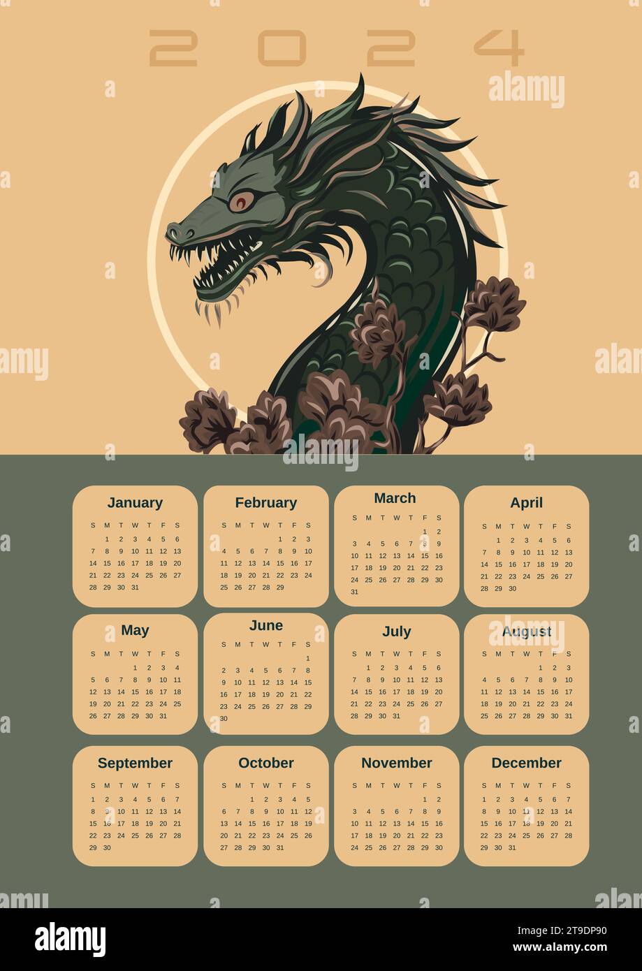 Calendar Dragon 2024. Vector poster calendar oriental Chinese New Year ...