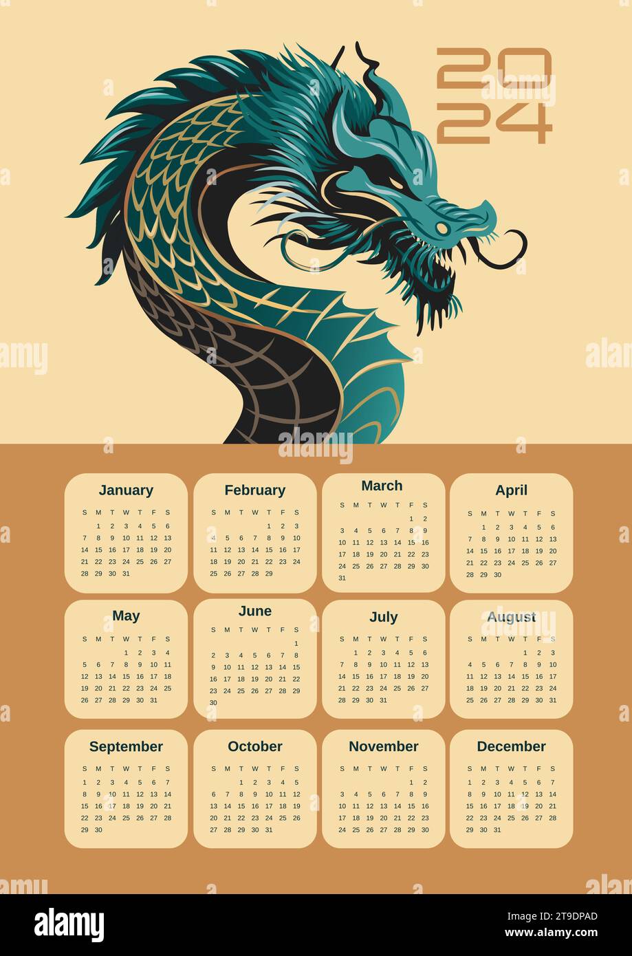 Calendar Dragon 2024. Vector poster calendar oriental Chinese New Year ...