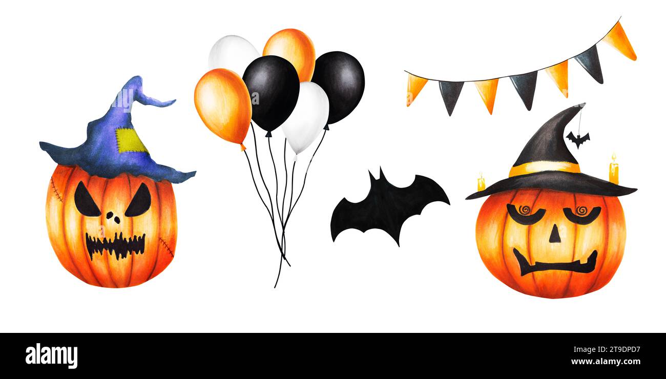 Watercolor Halloween set with bunch of balls illustrations, pumpkins ...