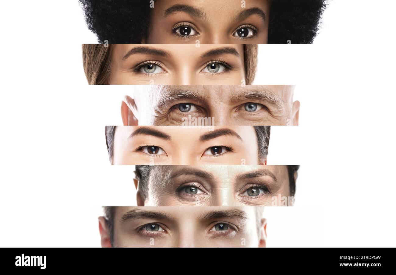 Collage with close-up male and female eyes of different ethnicity and ...