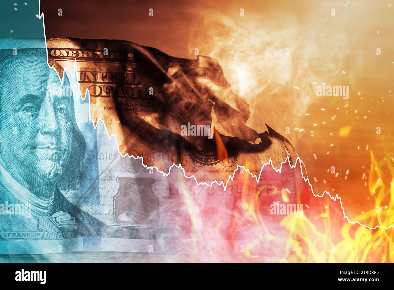 Burnt one hundred dollar bill damaged and falling sparkline chart ...